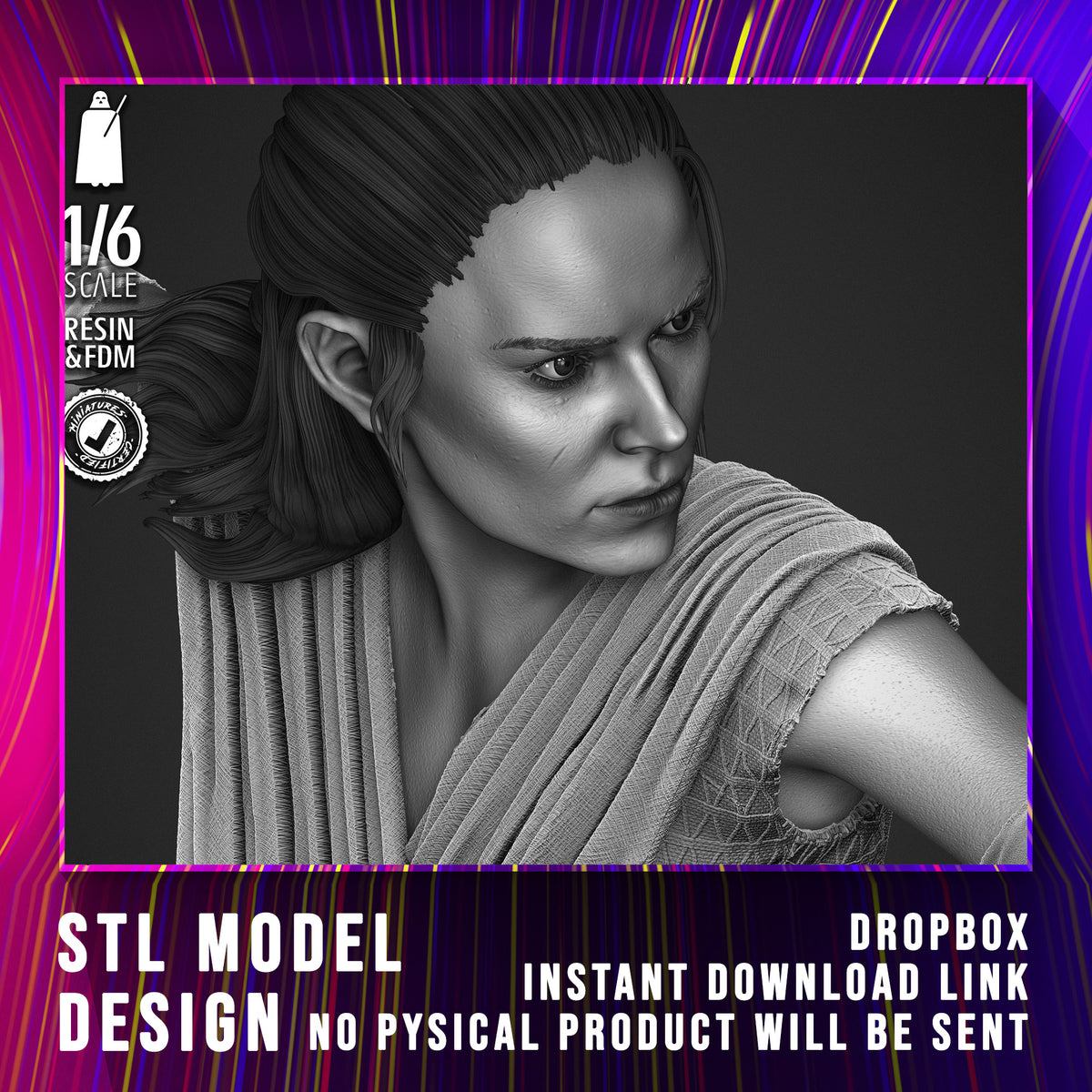 M250 - 3D Movie model design file, Rey from Star Wars, 3D stl file dro ...