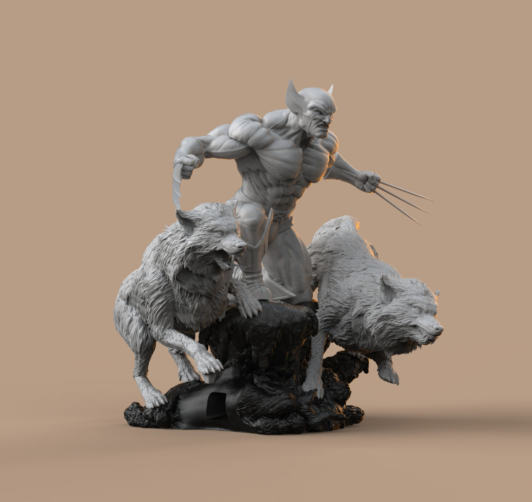 H047 - Comic Character design, The Wolfverin statue with two wolf, STL ...